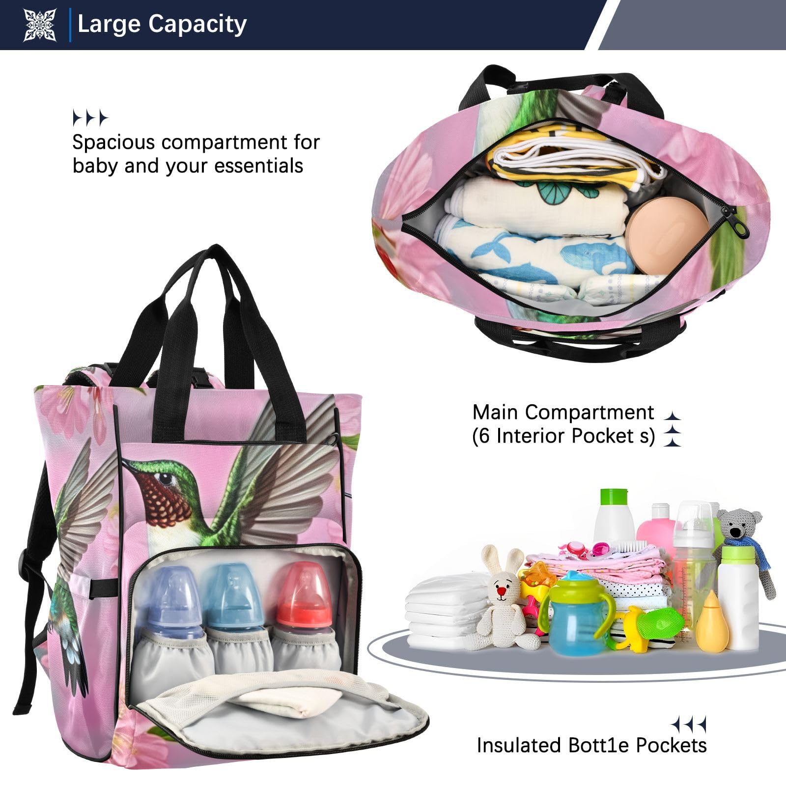 xigua Bird Hummingbird Diaper Bag Backpack Multi Function Baby Changing Bags Waterproof Large Capacity Travel Back Pack for Mom Dad
