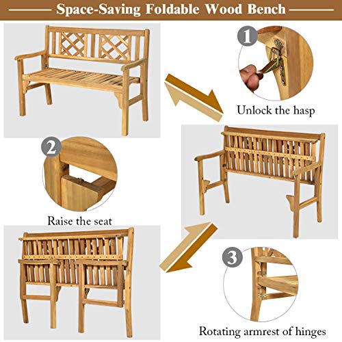 Giantex Patio Wooden Bench, 4 Ft Foldable Acacia Garden Bench, Two Person Loveseat Chair with Curved Backrest and Armrest Ideal for Patio, Porch or Balcony (Teak)