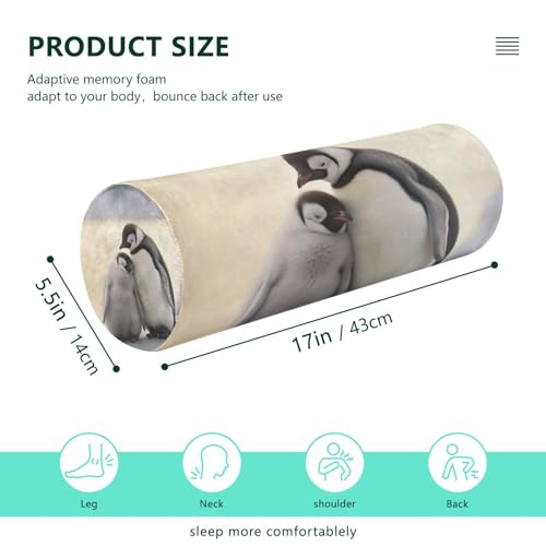 xigua Winter Penguin Neck Roll Pillow for Neck Relief with Removable Washable Cover - Memory Foam Round Cylinder Bolster, Ergonomically Designed for Head, Neck, Back, and Legs