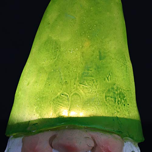 Exhart Solar Green Woodland Garden Gnome Statue, LED Hat, Durable Resin, Cute Yard Décor, 5”x5 x11