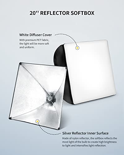 RALENO Softbox Lighting Kit, Softbox Photography Light with 50W 5500K LED Bulbs, 20''X20'' Reflector Lighting for Photoshoot and Video Recording