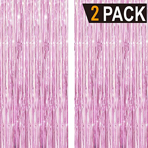 GOER 6.4 ft x 9.8 ft Metallic Tinsel Foil Fringe Curtains,Pack of 2 Party Streamer Backdrop for Birthday,Graduation Decorations and New Year Eve (Light Pink)
