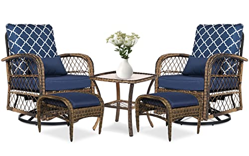 Rotihom 5 Piece Swivel Rocking Chair Set,Rattan Furniture Set with Glass Table and Ottoman,Patio Bistro Set for Garden,Backyard,Front Porch, Balcony