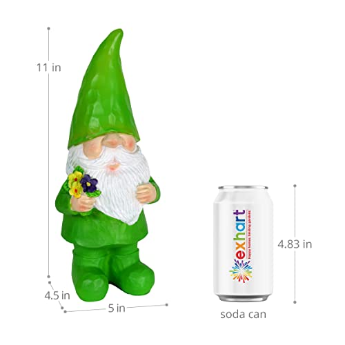 Exhart Solar Green Woodland Garden Gnome Statue, LED Hat, Durable Resin, Cute Yard Décor, 5”x5 x11