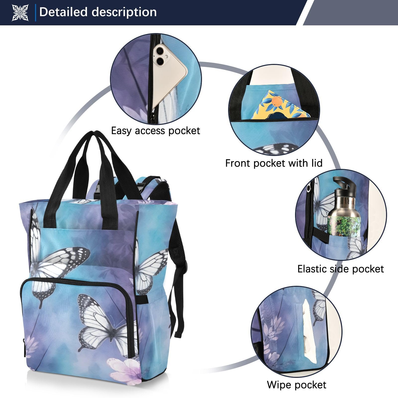 xigua Butterflies Painted Diaper Bag Backpack Multi Function Baby Changing Bags Waterproof Large Capacity Travel Back Pack for Mom Dad