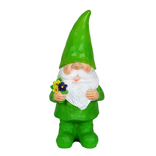 Exhart Solar Green Woodland Garden Gnome Statue, LED Hat, Durable Resin, Cute Yard Décor, 5”x5 x11