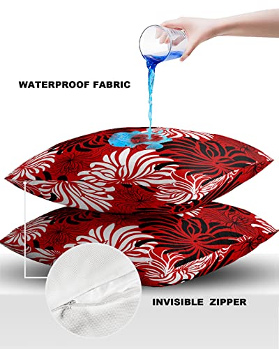 Brawvy Pillow Covers 16x16 inch Outdoor Decorative Waterproof Pillow Covers Spring Flower Red and Black Chrysanthemum Throw Pillowcase Shell for Patio Tent Couch Set of 2
