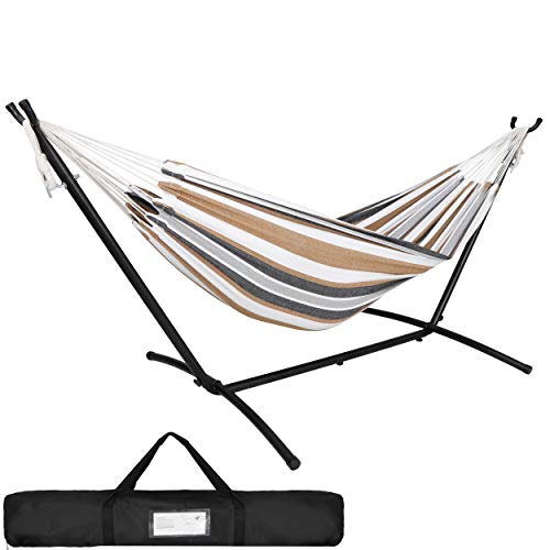 SUPER DEAL Portable Hammock with 9FT Space Saving Steel Stand, Double Brazilian Heavy Duty 620lb Capacity 2-Person Hammock with Carrying Case, 6 Optional Hook Positions for Camping Garden Yard Patio