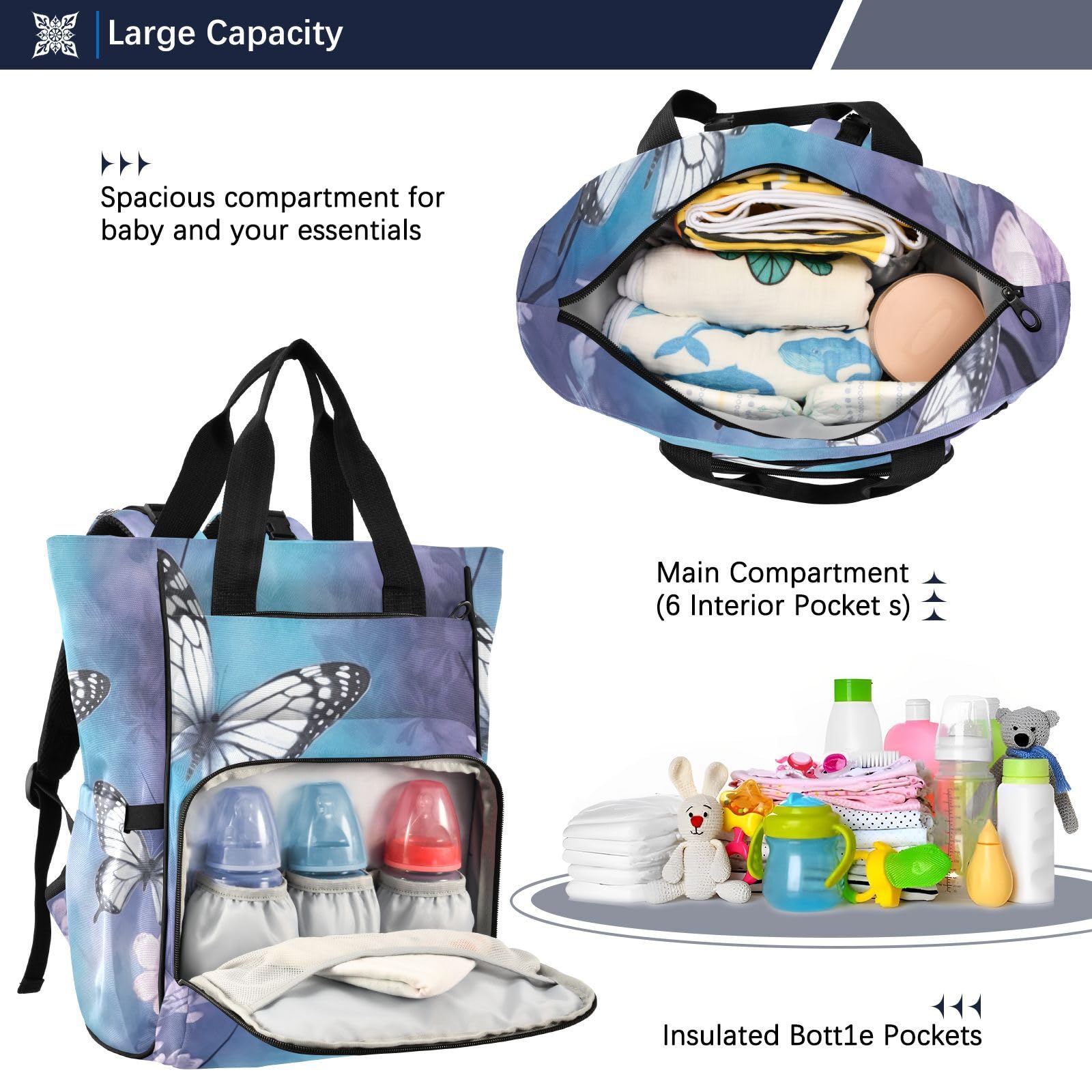 xigua Butterflies Painted Diaper Bag Backpack Multi Function Baby Changing Bags Waterproof Large Capacity Travel Back Pack for Mom Dad