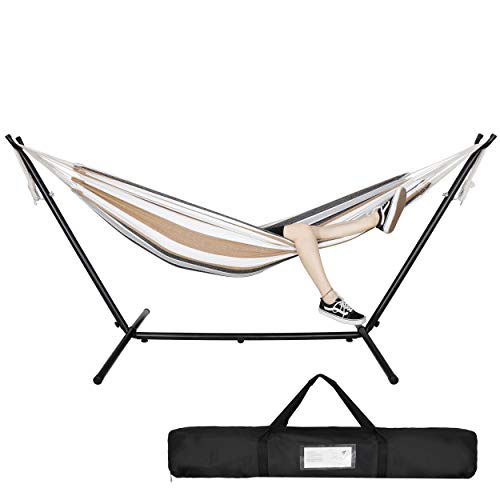 SUPER DEAL Portable Hammock with 9FT Space Saving Steel Stand, Double Brazilian Heavy Duty 620lb Capacity 2-Person Hammock with Carrying Case, 6 Optional Hook Positions for Camping Garden Yard Patio