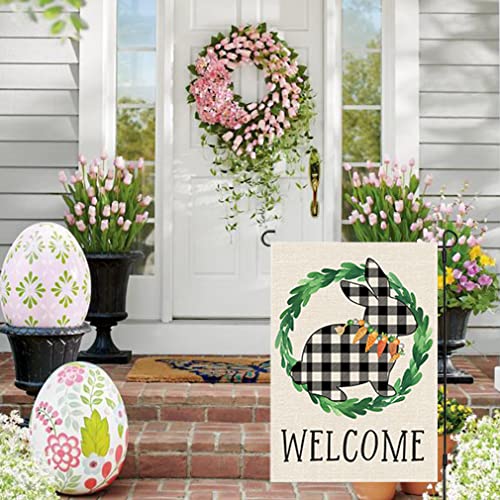 PANDICORN Easter Garden Flag 12x18 Inch Double Sided, Spring Easter Black Buffalo Plaid Check Bunny Decorations, Small Vertical Welcome Holiday Decor for Outdoor Yard Garden