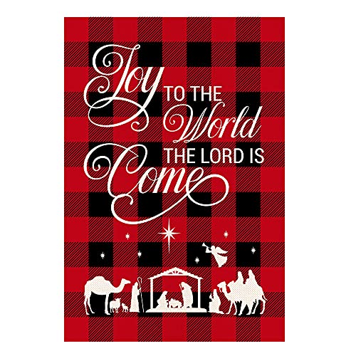 MONORD Religious Christmas Joy To The World Nativity Manger Scene Buffalo Plaid Burlap Garden Flag Vertical Double Sided, Birth of Jesus Christian Xmas Winter Yard Outdoor Decor 12 x 18 Inch