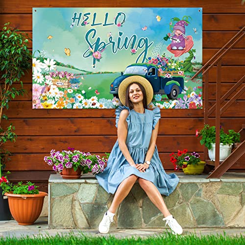 Hello Spring Decorations Spring Easter Photography Banner Gnome Blue Truck Daisy Backdrop Butterfly Flowers Background for Holiday Photo Prop Booth Indoor Outdoor, 43.3'' x 72.8''