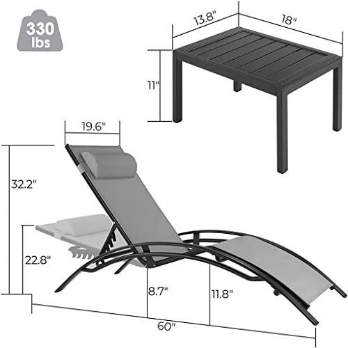 NICEDAYFY 3Pcs Sun Lounger Recliner Set Aluminum Chaise Lounges,Reclining Chair with 5 Adjustable Backrest, Head Cushion, Table for Garden (Color : A, Size : One Size)