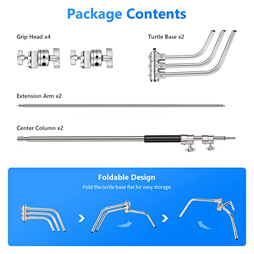 Neewer 100% Stainless Steel C-Stand (2-Pack), Pro Heavy-Duty Photography Light Stand with 4.2ft/1.28m Extension Arm, Grip Head, Turtle Base for Monolight, Softbox, Reflector, Max Height: 10.5ft/3.2m