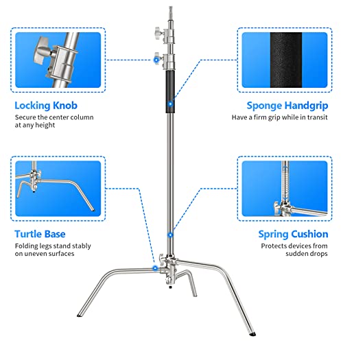 Neewer 100% Stainless Steel C-Stand (2-Pack), Pro Heavy-Duty Photography Light Stand with 4.2ft/1.28m Extension Arm, Grip Head, Turtle Base for Monolight, Softbox, Reflector, Max Height: 10.5ft/3.2m
