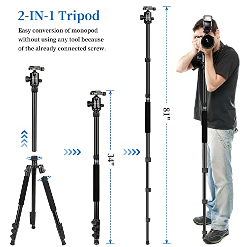 VICTIV 78" Tripod Camera Tripod, Tall Heavy Duty Tripods & 81" Monopods for DSLR Binoculars Laser Level, Professional Aluminum Tripod Stand with Ball Head, Compatiable with Canon Nikon Sony Cameras