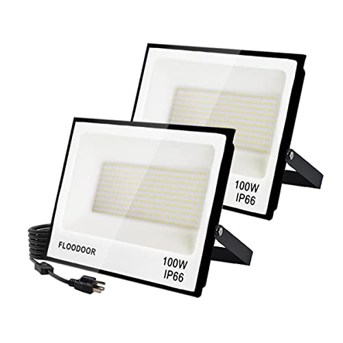 Floodoor 100W LED Flood Lights Outdoor, 10000LM Super Bright Flood Light with Plug, IP66 Waterproof Safety Work Lights for Yard, Garden, Playground, Basketball Court (2 Pack)