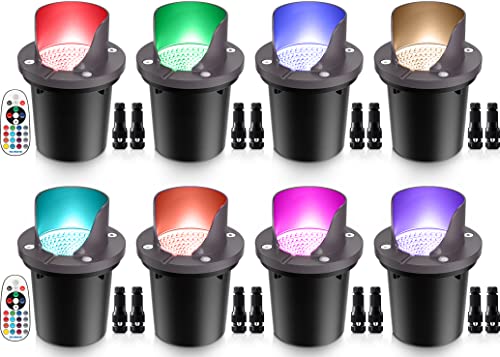 SUNVIE RGB Low Voltage Landscape Lights Color Changing 12W Outdoor In-Ground Lights with Connectors Waterproof LED Well Lights 12-24V Landscape Lighting for Pathway Garden Yard Fence Deck, 8 Pack
