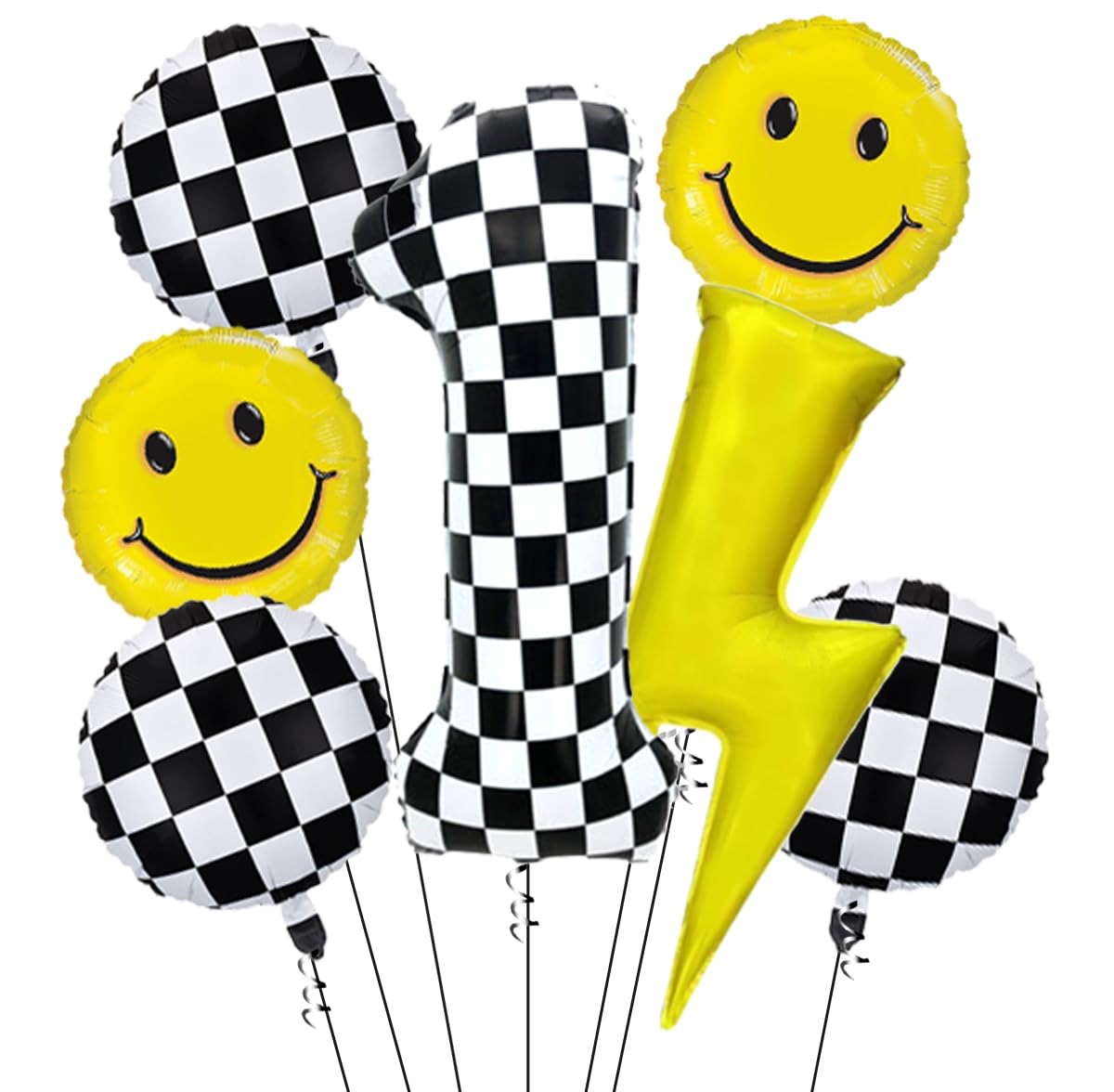 One Happy Dude Balloon Set 40" Black One Smile Face Checkered Balloons Yellow Lightning Balloon for One Happy Dude Birthday Decorations Smiley Face Party Decorations