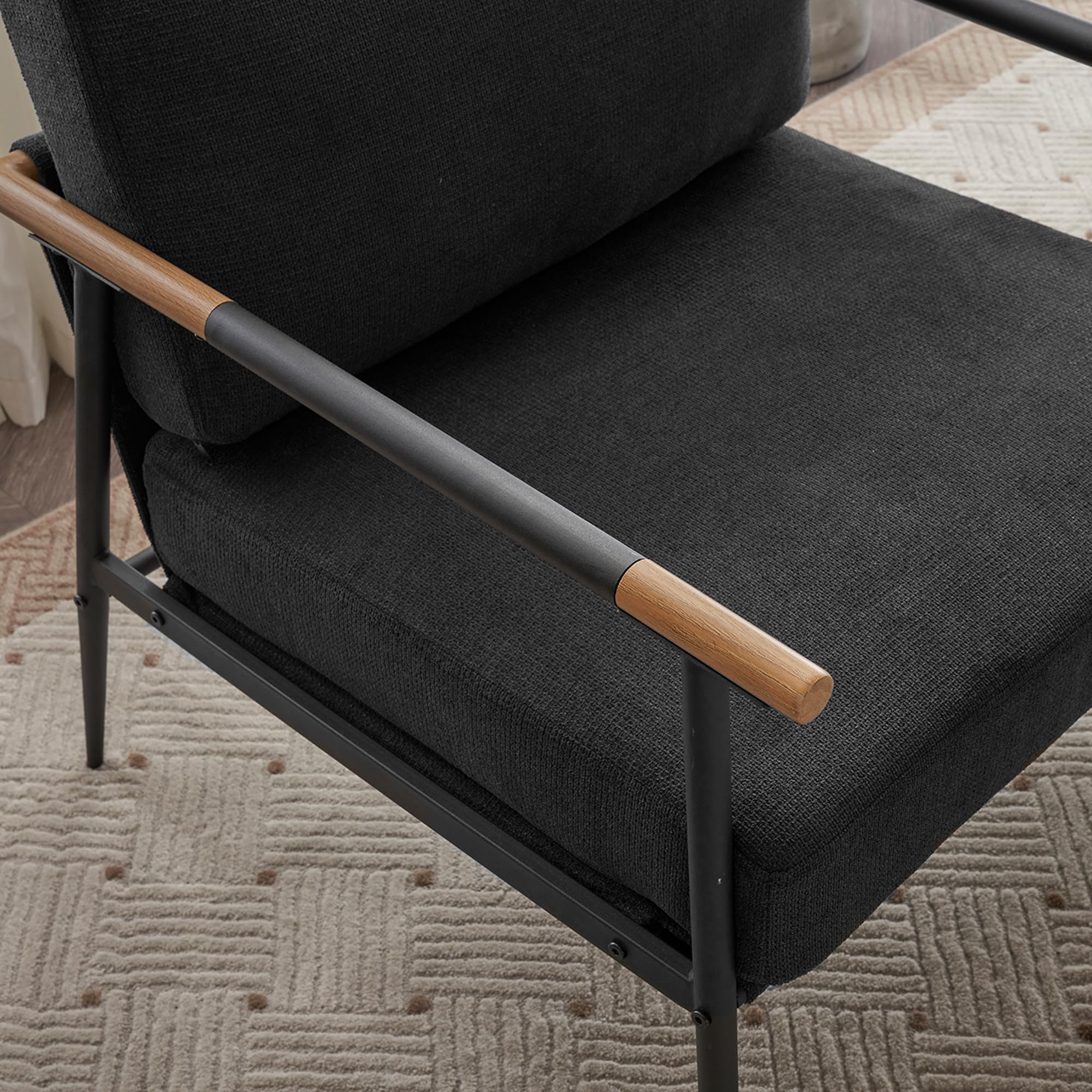 Penifun Modern Chic Accent Metal Frame, Upholstered Chenille Living Room Chairs with Removable Seat & Back Cushion, Comfy Leisure Lounge Reading Side Armchair for Bedroom, Black