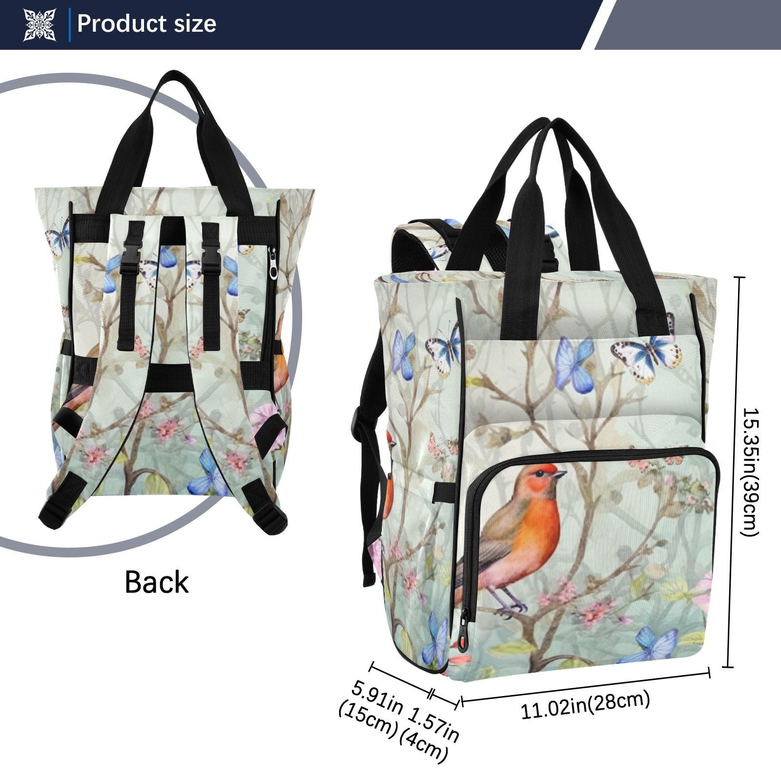 xigua Romantic Pretty Birds Diaper Bag Backpack Multi Function Baby Changing Bags Waterproof Large Capacity Travel Back Pack for Mom Dad