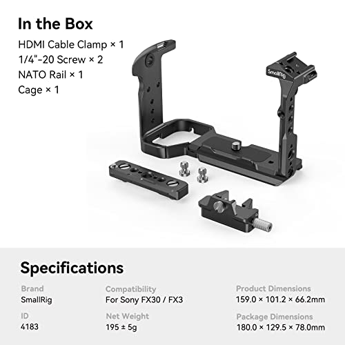 SmallRig Cage for Sony FX30 FX3 with HDMI Cable Clamp, Classic Bright Black Surface, Included Cold Shoe and NATO Rail, Modular Design Compatible with Original XLR Handle - 4183