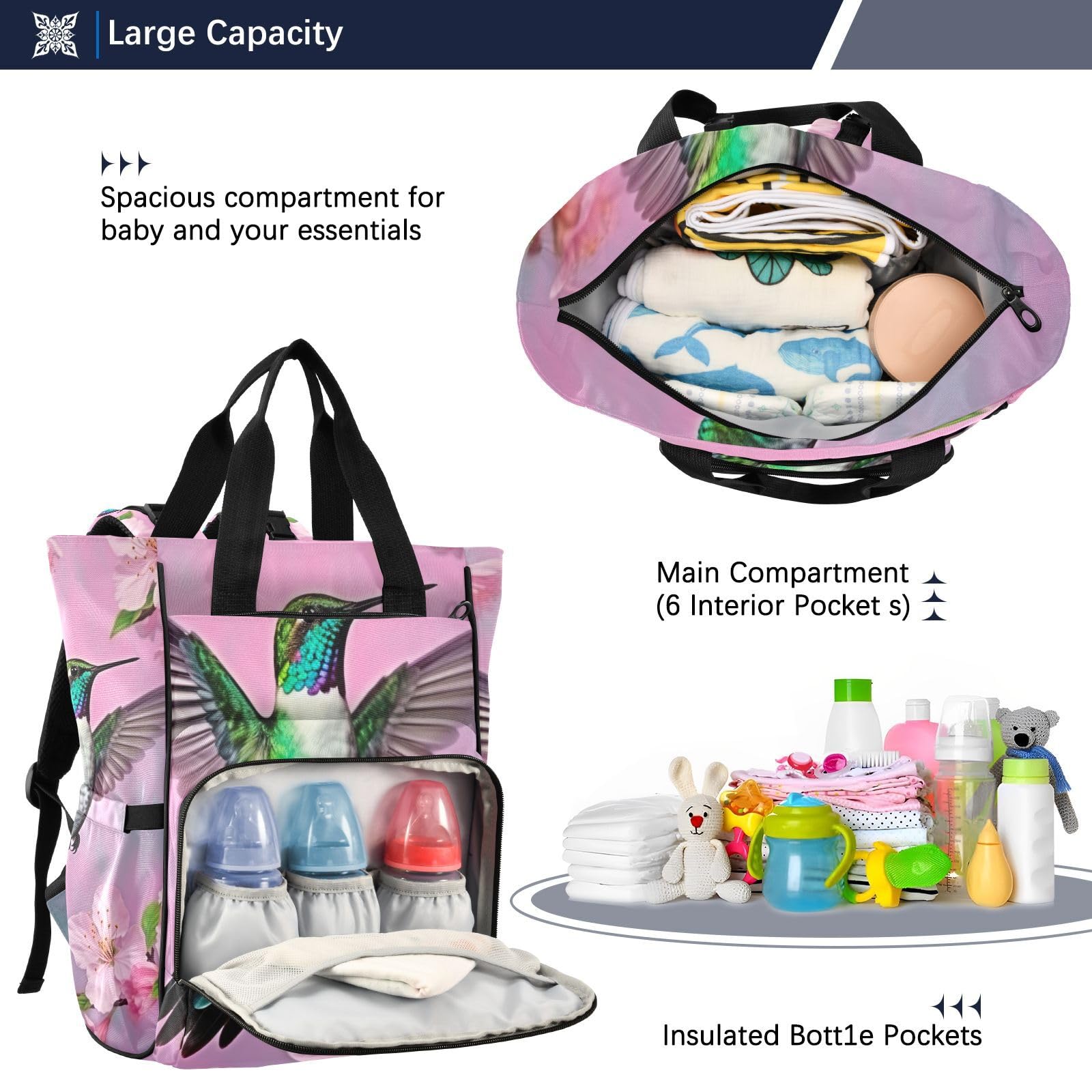 xigua Bird Hummingbird Diaper Bag Backpack Multi Function Baby Changing Bags Waterproof Large Capacity Travel Back Pack for Mom Dad
