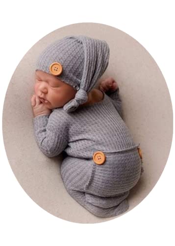 Fashion Newborn Boys Girls Baby Photo Shoot Props Outfits Crochet Clothes Long Tail Hat Pants Photography Props (gray)