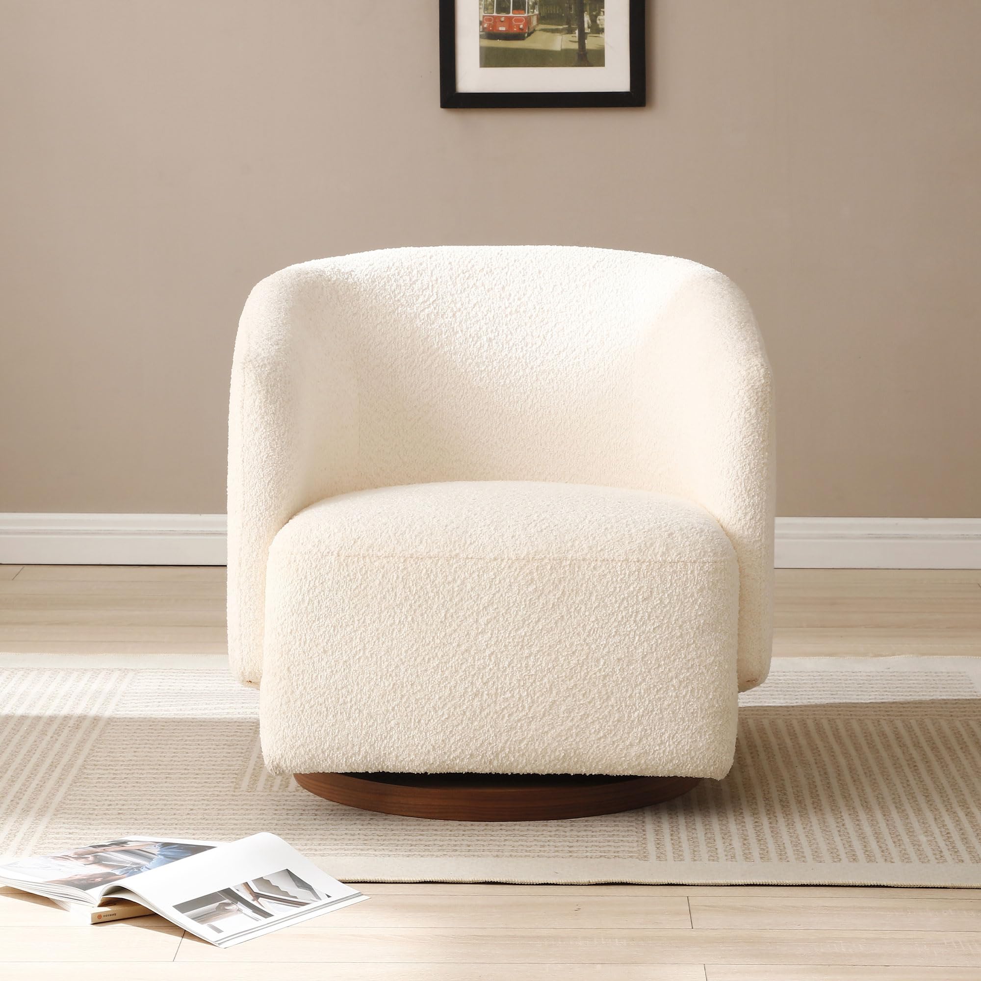 LyuHome 29.53" Modern Curved Sofa Couch, Round Swivel Accent Sofa Chair Upholstered Small Cream Couch Boucle Chair for Living Room Bedroom Apartment (Beige)