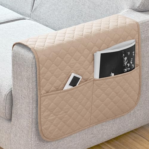 BUSAMEDO 1 Pcs Water Resistant Sofa Armrest Covers Recliner Armchair Cover Couch Arm Covers Sofa Storage Bag Furniture Protector Slipcover with Pockets (Camle)