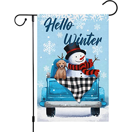 Hello Winter Garden Flag 12x18 Double Sided, Burlap Small Vertical Buffalo Check Plaid Winter Truck Garden Yard House Flags with Snowman Dog for Winter Outside Outdoor Decoration (ONLY FLAG)