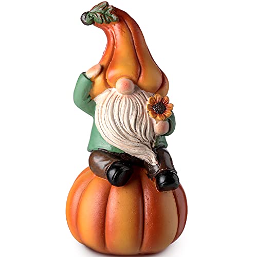 Jetec Thanksgiving Fall Gnome Statue Fall Pumpkin Gnome Decoration White Beard Figurine Autumn Resin Dwarf Elf Statue for Porch Garden Outdoor Yard Halloween Decorations, 6.7 Inch High