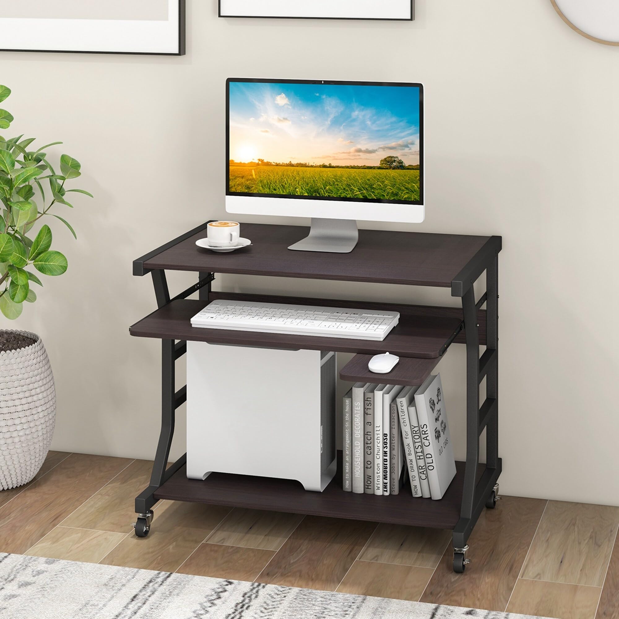 29.5'' Mobile Computer Desk Rolling Laptop Cart W/Keyboard Tray Brown Modern Contemporary Rectangular Metal