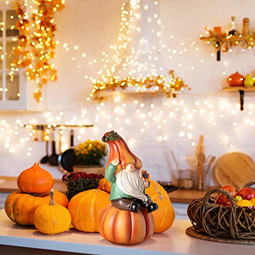 Jetec Thanksgiving Fall Gnome Statue Fall Pumpkin Gnome Decoration White Beard Figurine Autumn Resin Dwarf Elf Statue for Porch Garden Outdoor Yard Halloween Decorations, 6.7 Inch High