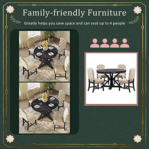 WOZNLA 5-Piece Extendale Round Dining Table Set for 4, Retro Style Wooden Kitchen Table Set with 4 Upholstered Chairs, Espresso