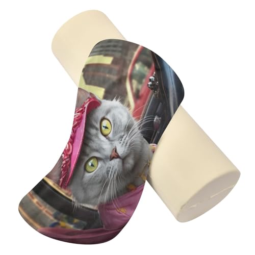 xigua Cute Cat Driver Neck Roll Pillow for Neck Relief with Removable Washable Cover - Memory Foam Round Cylinder Bolster, Ergonomically Designed for Head, Neck, Back, and Legs