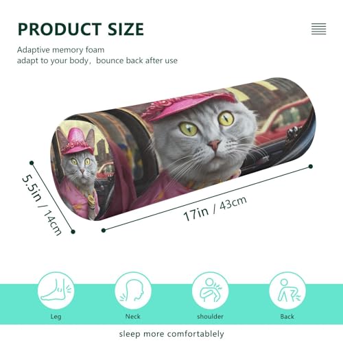 xigua Cute Cat Driver Neck Roll Pillow for Neck Relief with Removable Washable Cover - Memory Foam Round Cylinder Bolster, Ergonomically Designed for Head, Neck, Back, and Legs