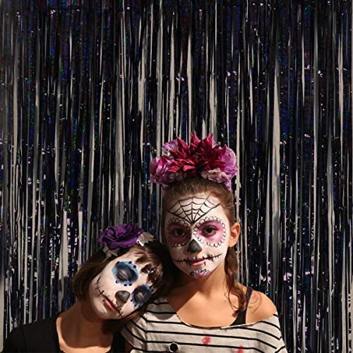Melsan 2 Pack 3.2 ft x 8.2 ft Tinsel Foil Fringe Curtains Backdrop, Sparkle Metallic Foil Curtains for Party Photo Booth Props Decoration (Black)