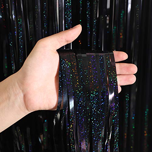 Melsan 2 Pack 3.2 ft x 8.2 ft Tinsel Foil Fringe Curtains Backdrop, Sparkle Metallic Foil Curtains for Party Photo Booth Props Decoration (Black)