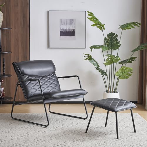 Penifun Accent Chair and Ottoman Set, PU Leather Upholstered Comfy Side Leisure Lounge Armchair with Metal Frame & Lattice Back, Footstool for Living Room, Black