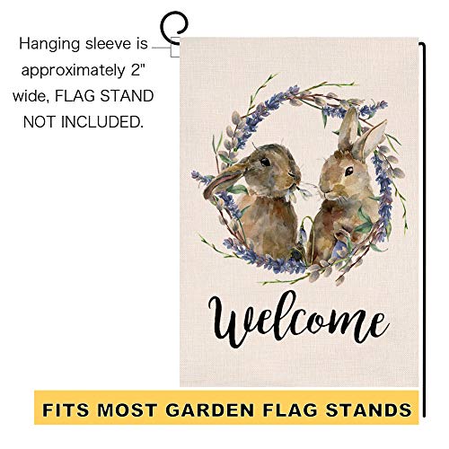 Spring Easter Bunny Lavender Welcome Garden Flag Vertical Double Sided Burlap Yard Rabbit Wreath Outdoor Decor 12.5 x 18 Inches