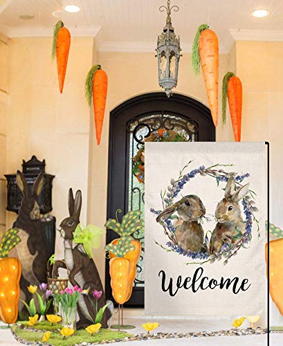 Spring Easter Bunny Lavender Welcome Garden Flag Vertical Double Sided Burlap Yard Rabbit Wreath Outdoor Decor 12.5 x 18 Inches