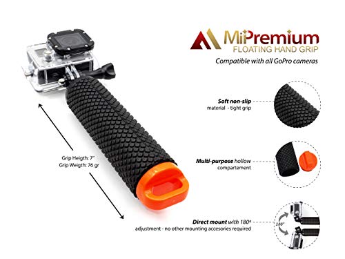 Waterproof Floating Hand Grip Compatible with GoPro Hero 11 10 9 8 7 6 5 4 3+ 2 1 Session Black Silver Handler & Handle Mount Accessories Kit for Water Sport and Action Cameras (Orange)