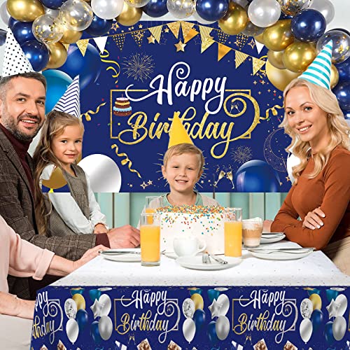 Gold Blue White Happy Birthday Extra Large Fabric Sign Poster Banner Backdrop Waterproof tablecloths Metallic Shiny Latex Balloons for Birthday Party Background Decoration