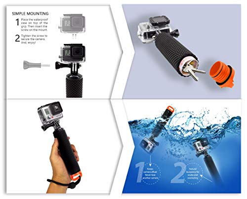 Waterproof Floating Hand Grip Compatible with GoPro Hero 11 10 9 8 7 6 5 4 3+ 2 1 Session Black Silver Handler & Handle Mount Accessories Kit for Water Sport and Action Cameras (Orange)