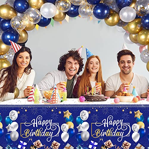 Gold Blue White Happy Birthday Extra Large Fabric Sign Poster Banner Backdrop Waterproof tablecloths Metallic Shiny Latex Balloons for Birthday Party Background Decoration