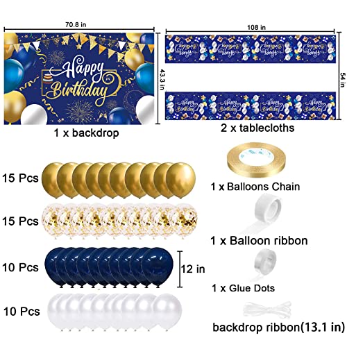 Gold Blue White Happy Birthday Extra Large Fabric Sign Poster Banner Backdrop Waterproof tablecloths Metallic Shiny Latex Balloons for Birthday Party Background Decoration