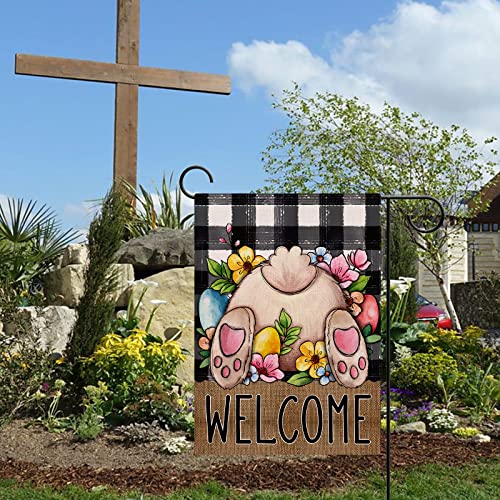 Artofy Welcome Easter Bunny Rabbit Small Decorative Garden Flag, Egg Flowers Farmhouse Yard Lawn Outside Decor, Spring Buffalo Plaid Check Burlap Outdoor Home Decoration Double Sided 12 x 18