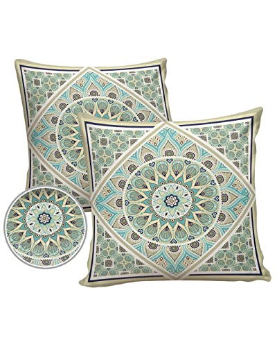Outdoor Pillows Waterproof Pillow Covers Set of 2, Bohemian Mandala Tile Pattern Polyester Throw Pillow Covers Garden Cushion Case for Patio Funiture Sofa Decoration, 20x20inch, Boho
